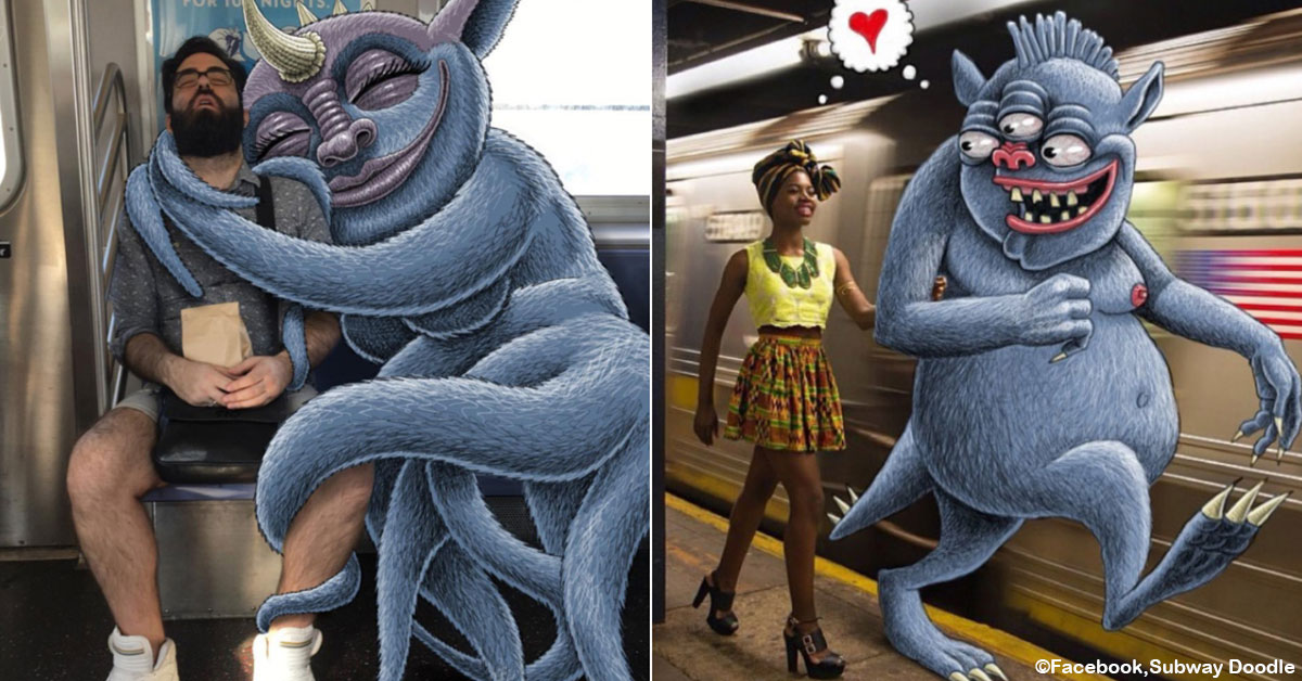 Artist Adds Ferociously Entertaining Monsters to People's Subway Rides